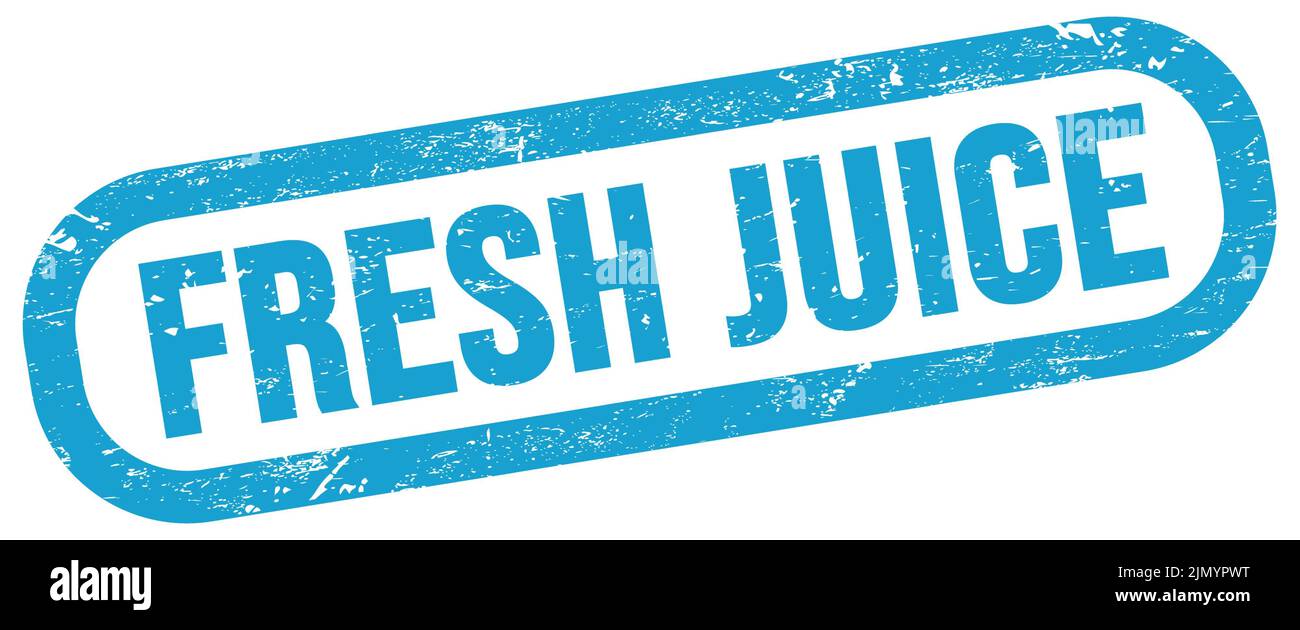 FRESH JUICE, text on blue rectangle stamp sign Stock Photo - Alamy