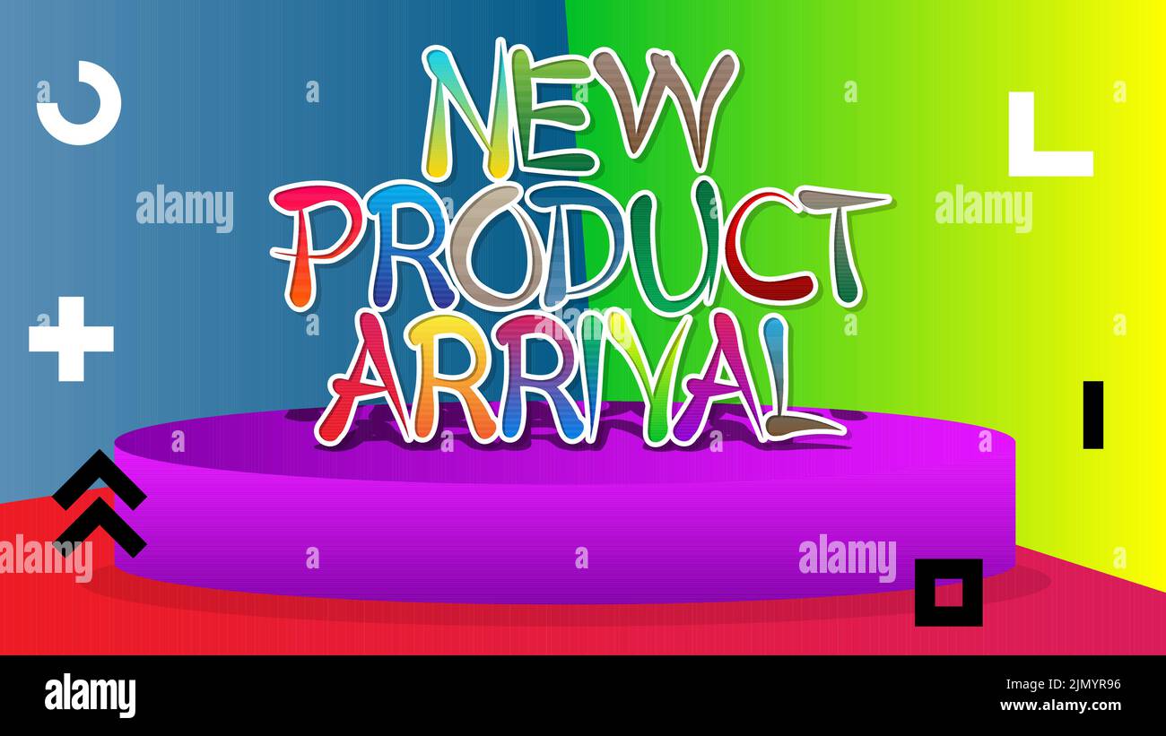 New Product Arrival. Word written with Children's font in cartoon style ...