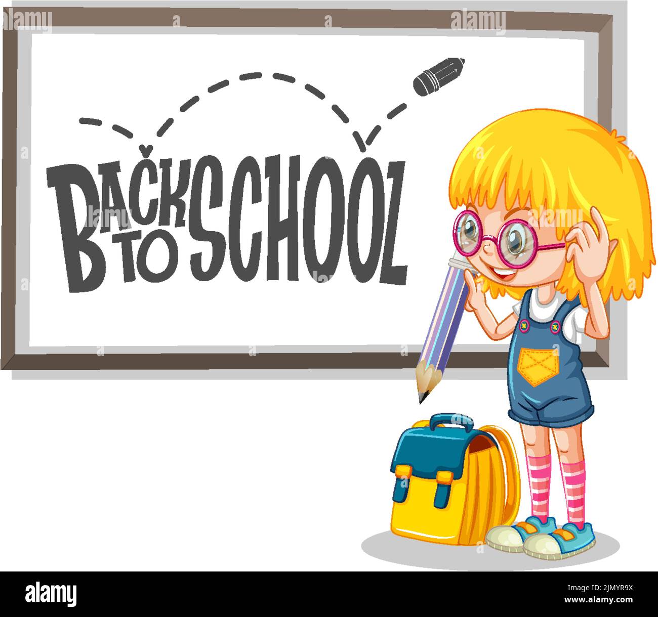 Girl holding pencil cartoon character with back to school on blackboard ...