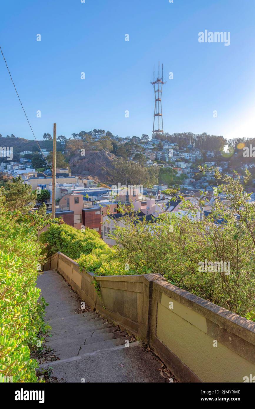 Concrete outdoor staircase with a view of the Sutro Tower in San ...
