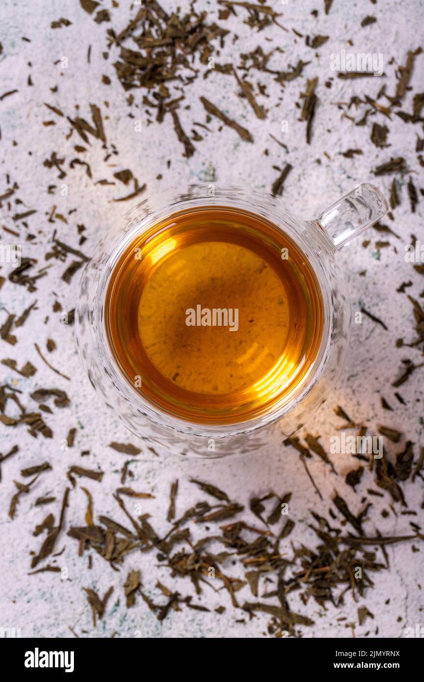 Green tea. Top view green tea on stone background. Healthy drinks ...