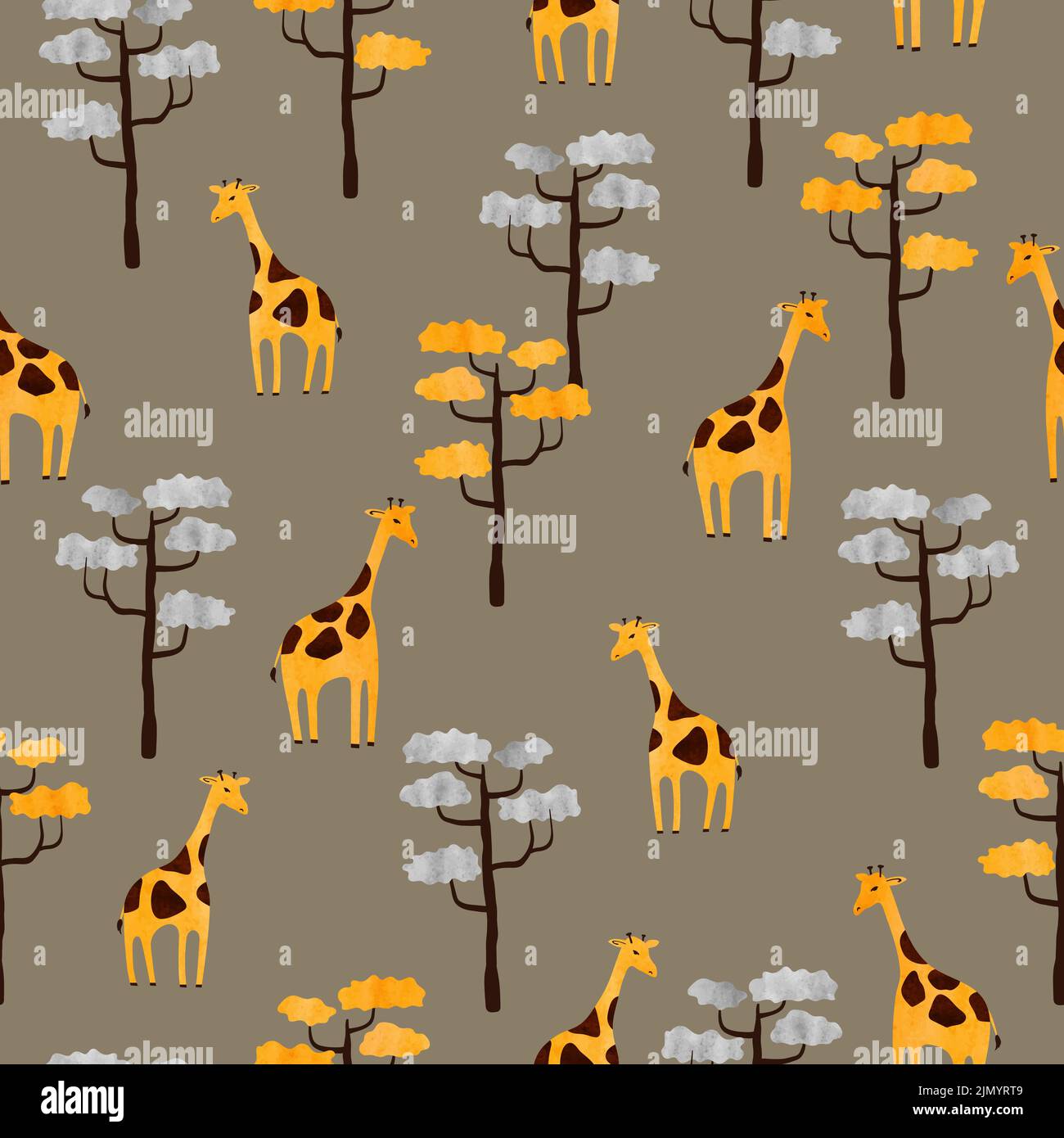 Seamless Africa pattern with cute giraffes and trees. Vector watercolor ...