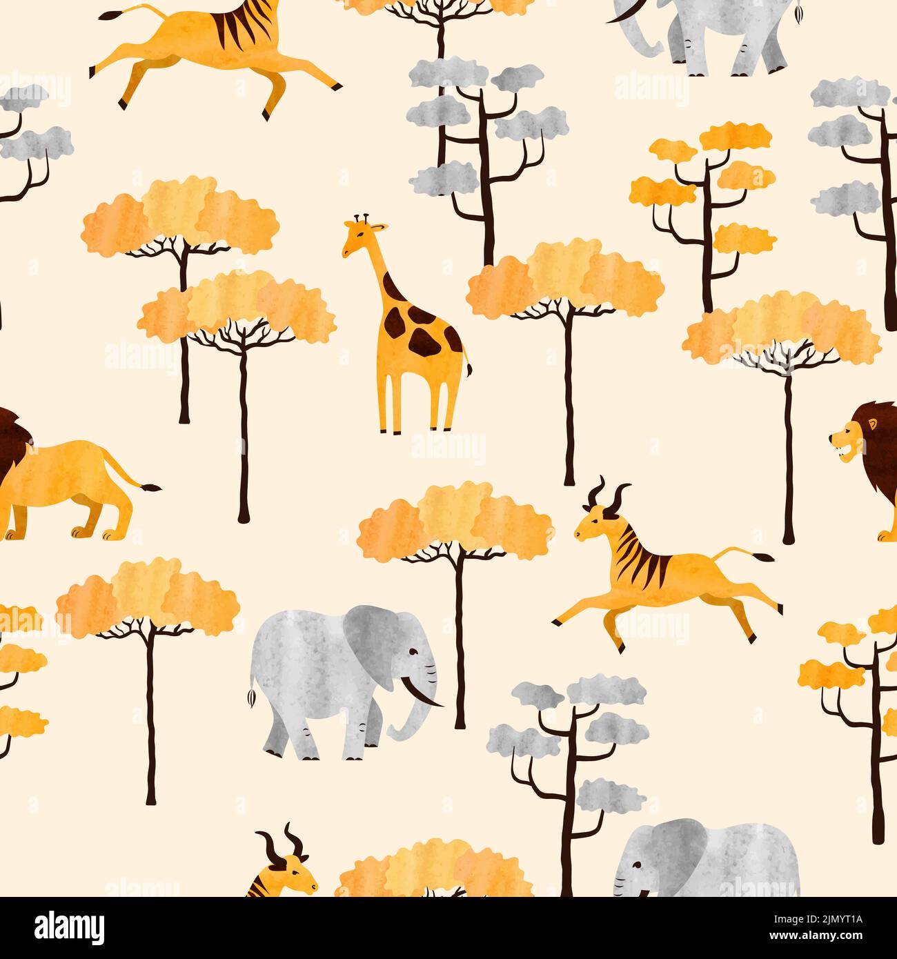Seamless African animals pattern. Vector watercolor illustration of ...