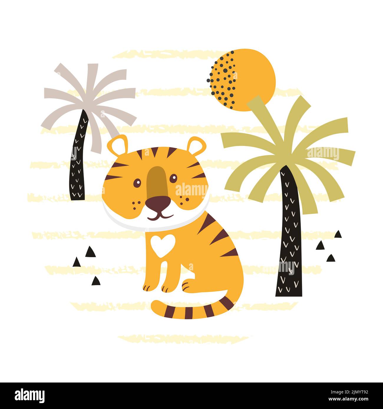 Cute cartoon tiger and palm trees. Safari vector illustration for kids ...