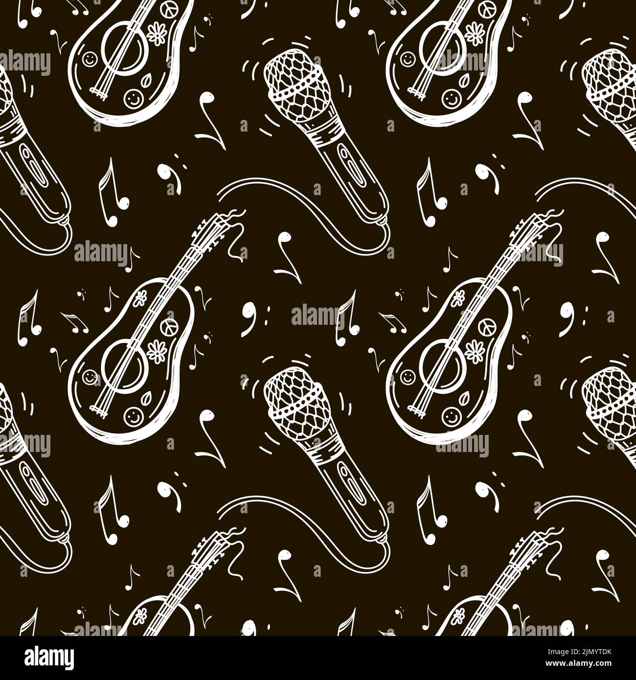 Seamless pattern of musical symbols, guitar, ukulele, sheet music ...