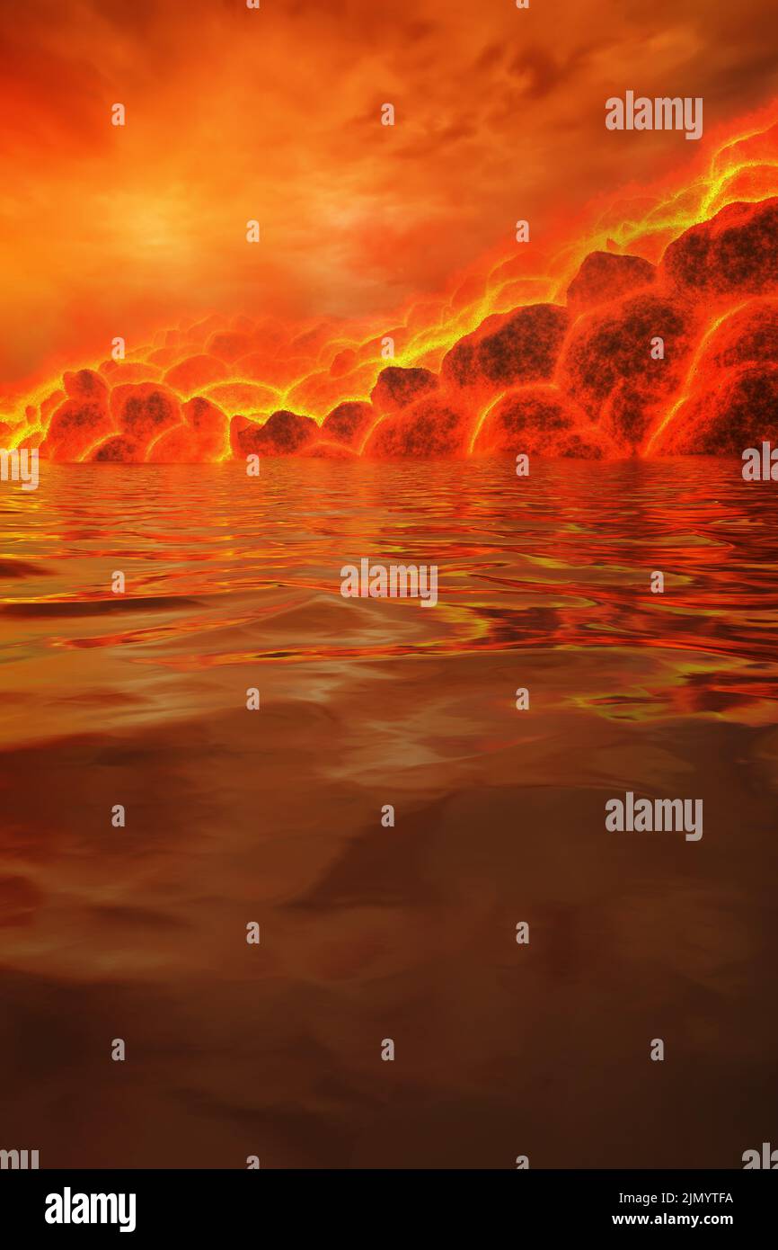 Fantasy volcano slope, eruption, with molten rocks and reflections in ...