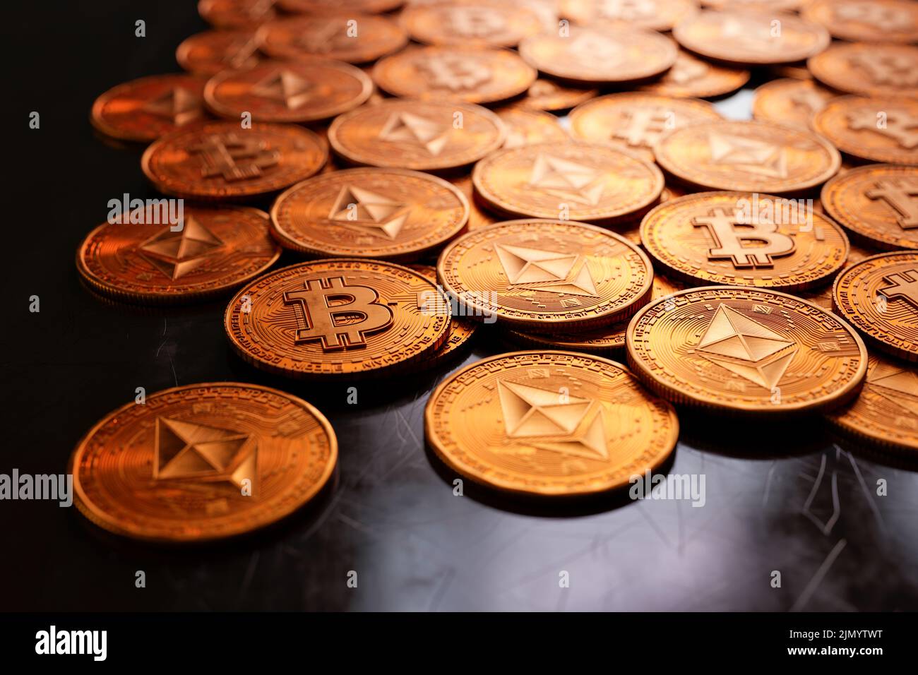 3D rendering of cryptocurrency coins, metalic surface, technology ...