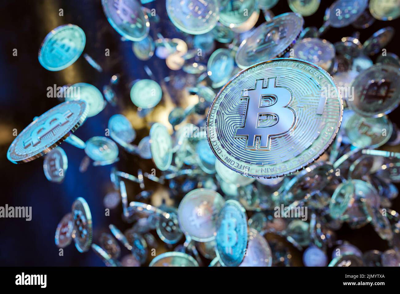 3D rendering of cryptocurrency coins, metalic surface, technology ...