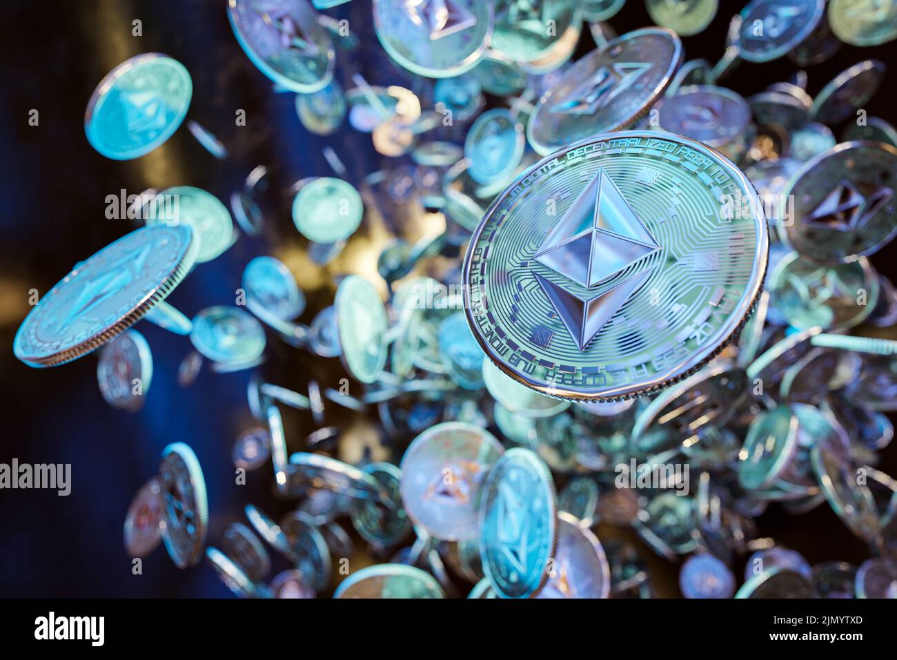 3D rendering of cryptocurrency coins, metalic surface, technology ...