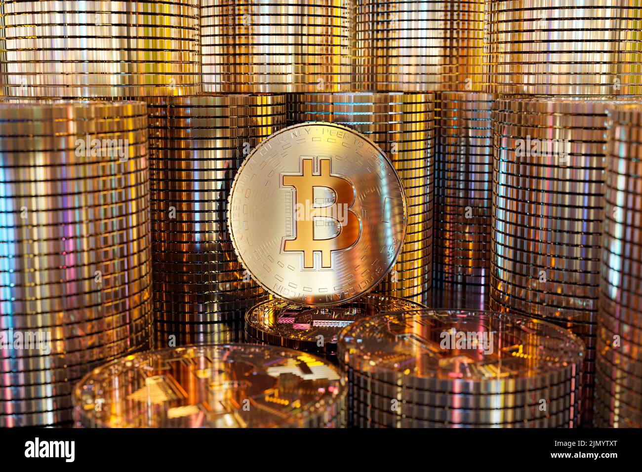 3D rendering of cryptocurrency coins, metalic surface, technology ...