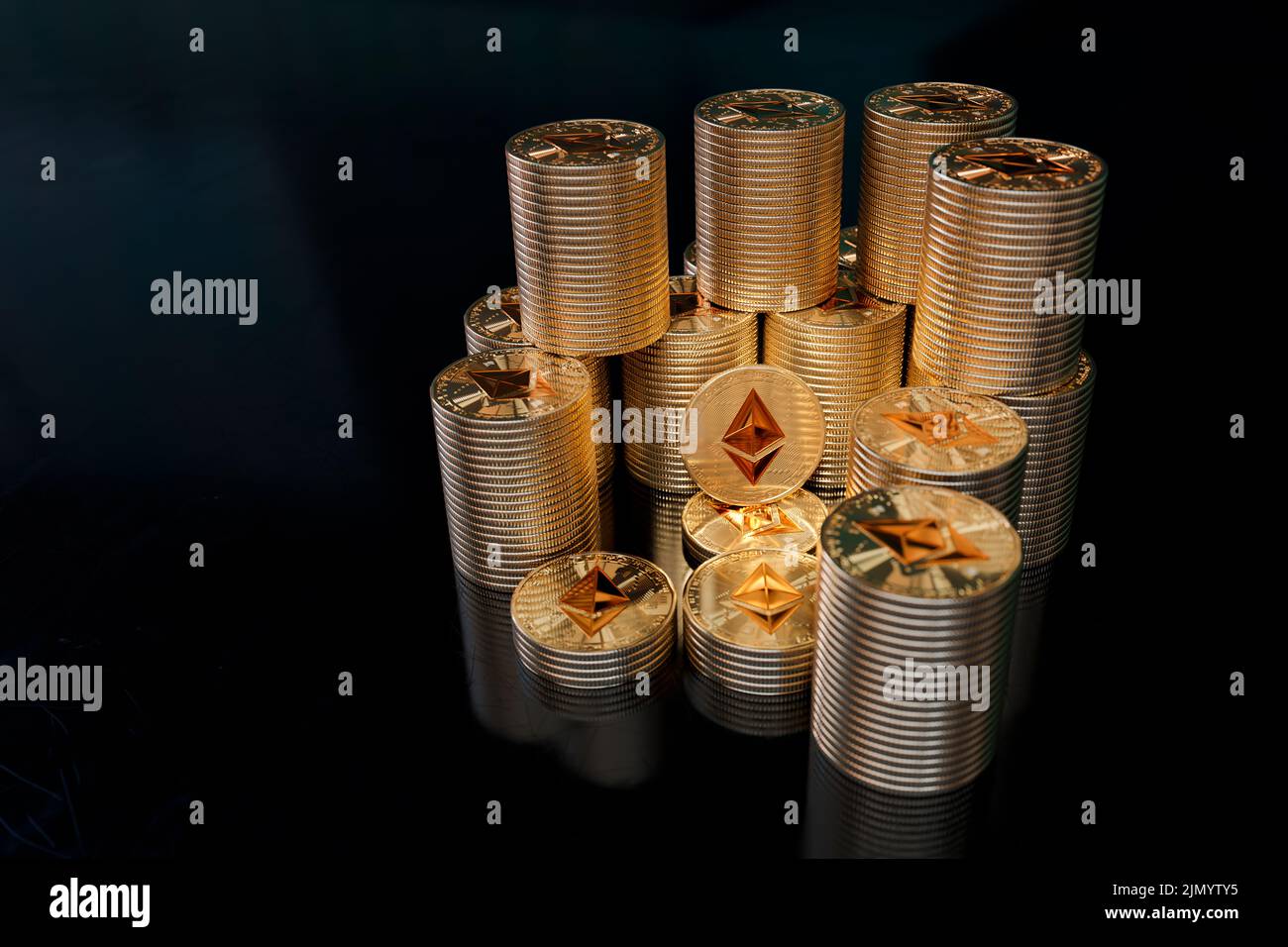 3D rendering of cryptocurrency coins, metalic surface, technology ...