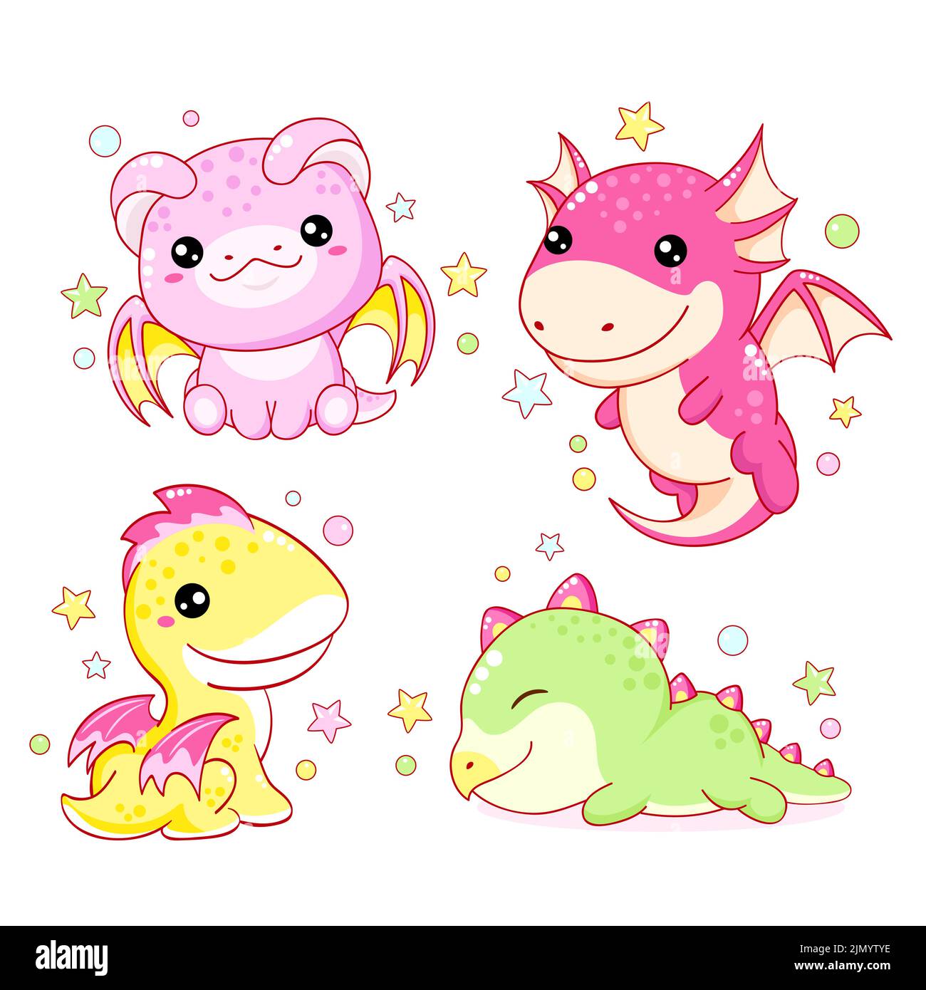 Set of kawaii fairy tale characters. Little dragons in various poses ...