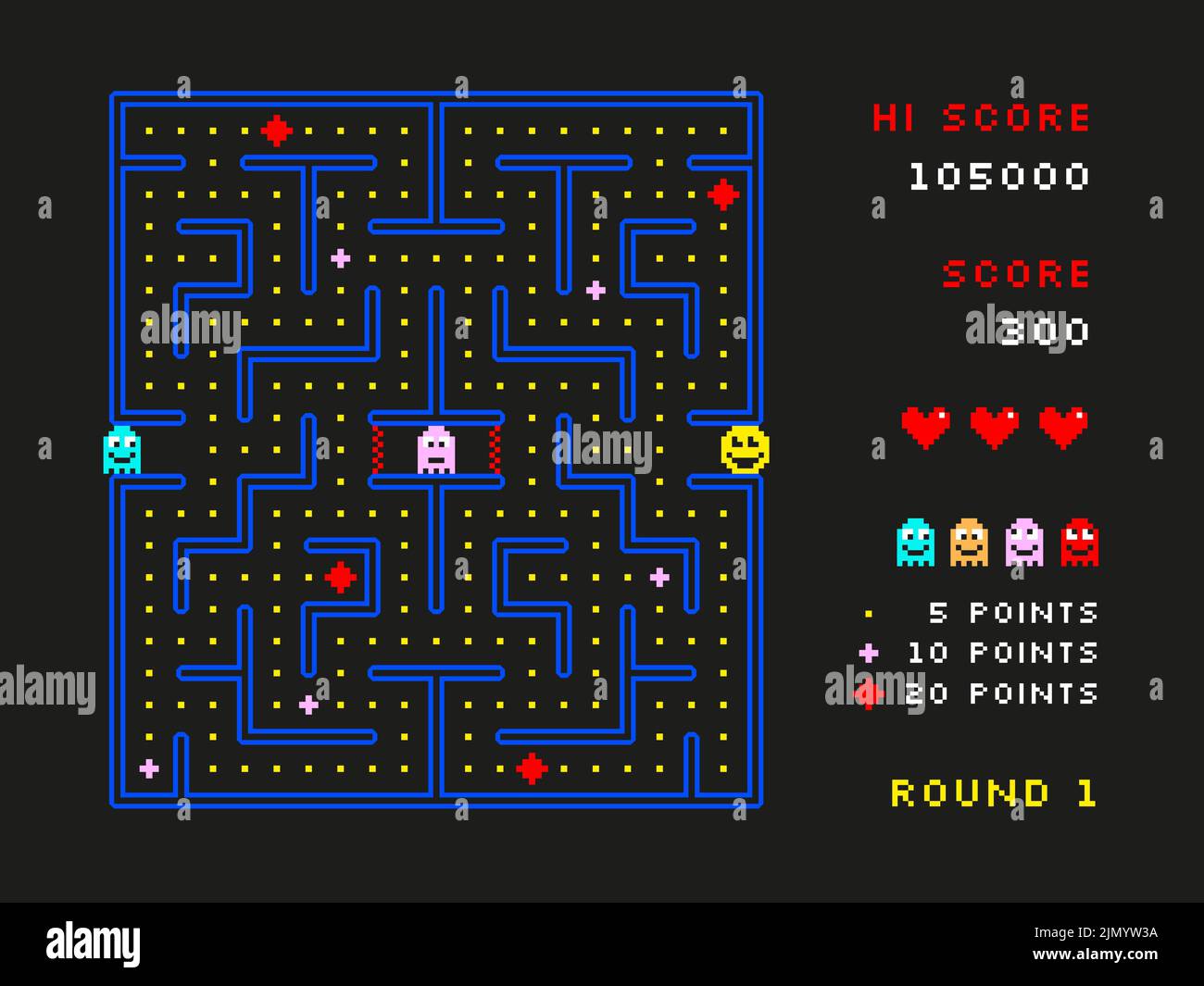 Arcade game location. Retro pixel monsters in maze video games. New ...