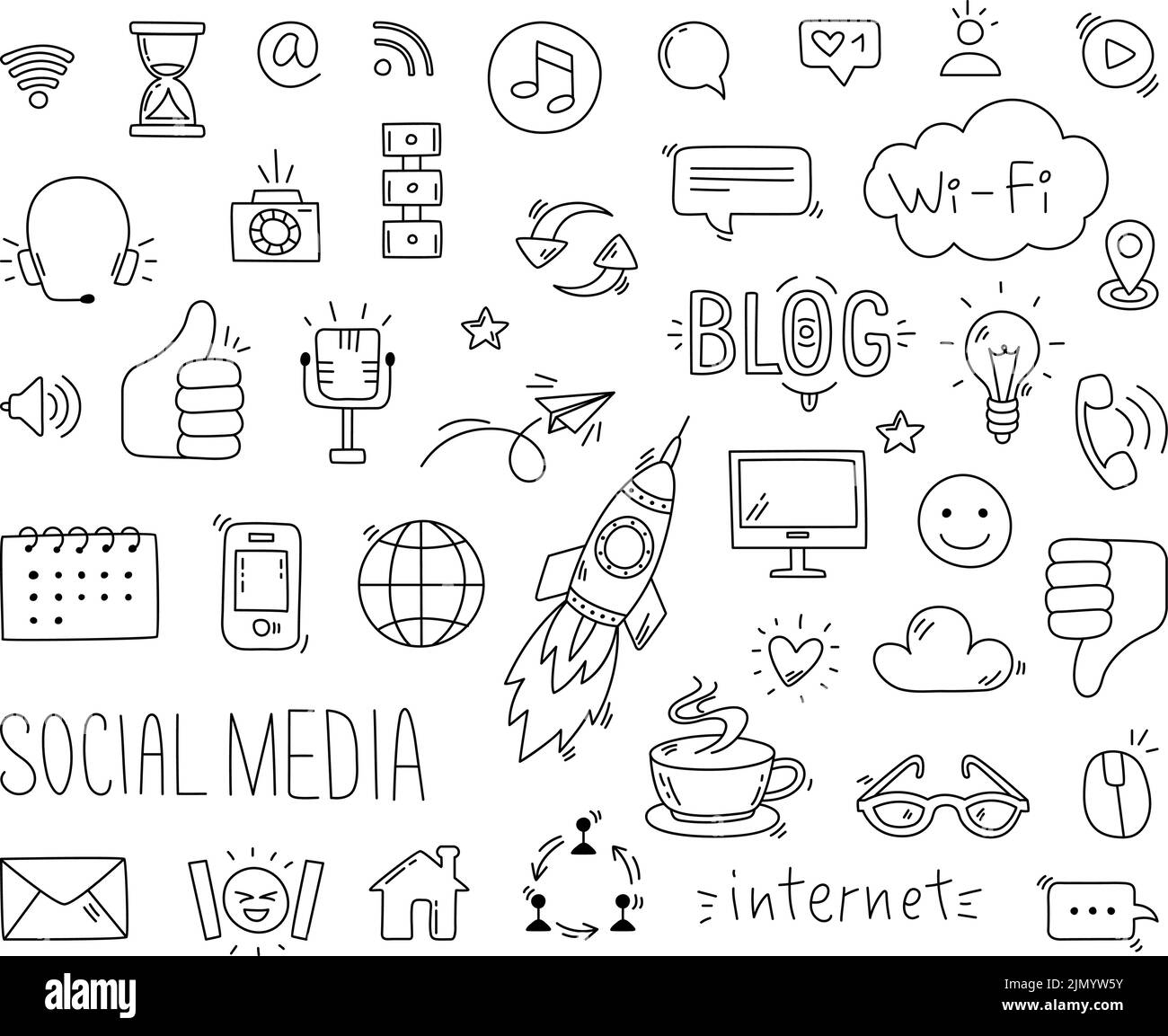 Doodle social media icons. Web design and digital content, blogging and ...