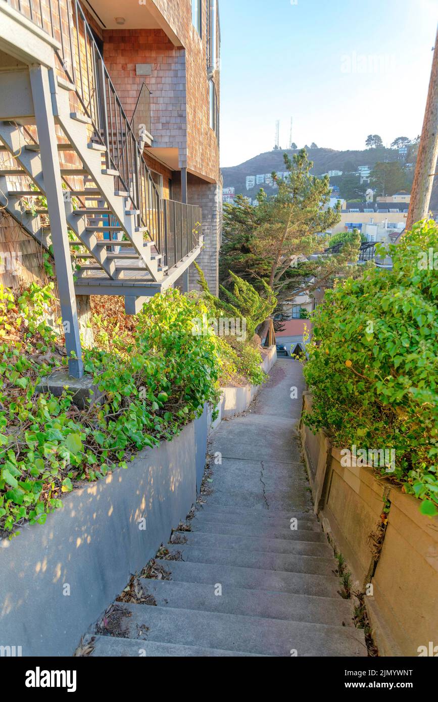High angle view of a concrete stairs beside the residences with stairs ...