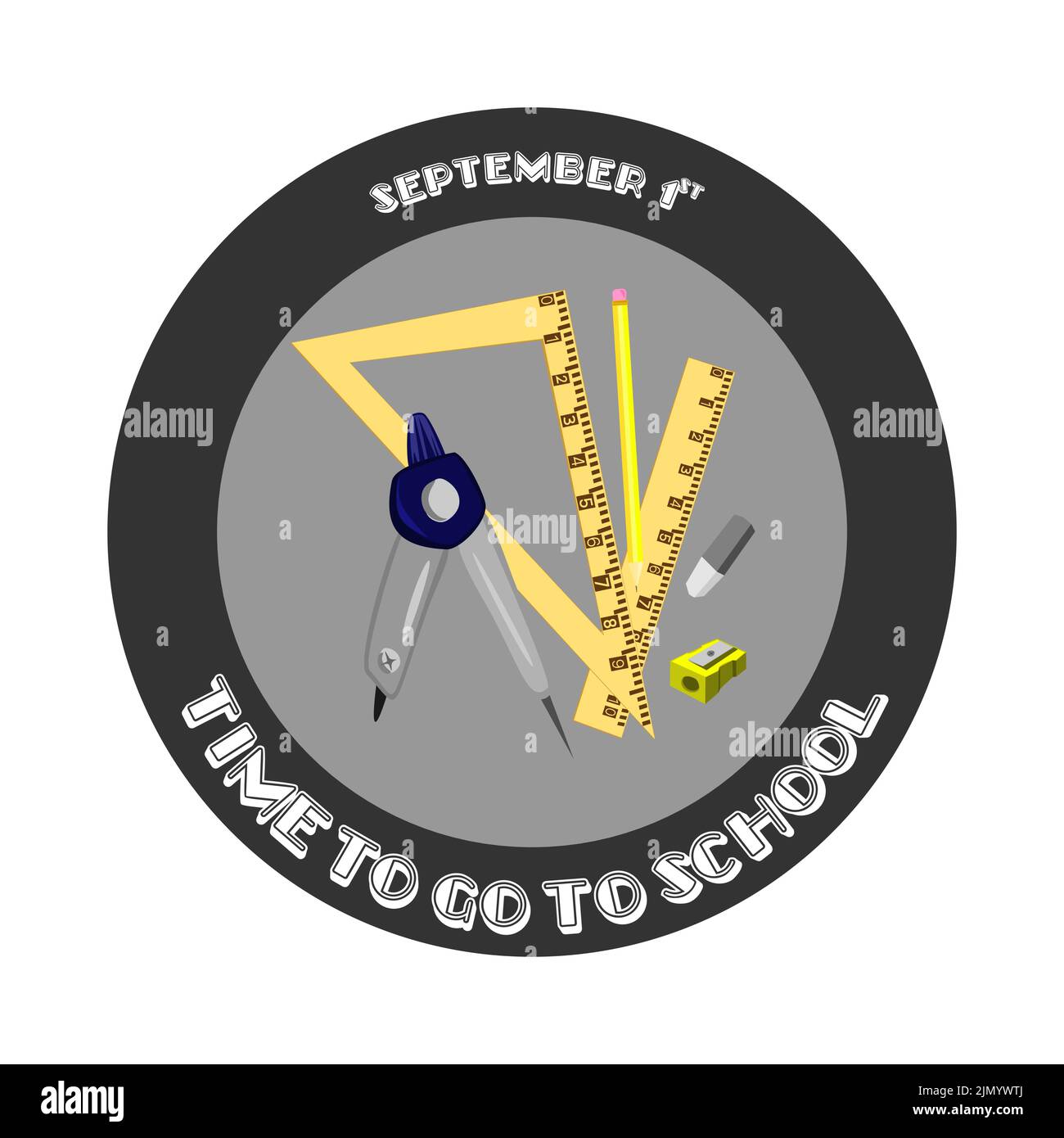 Time to go to school quote. Stylish lettering with supplies, rulers ...