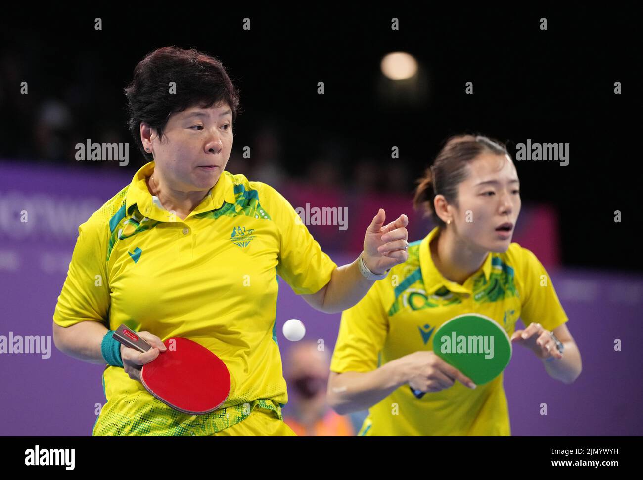 Australia's Jian Fang Lay and Minhyung Jee in the Women's Doubles Gold Medal Match at The NEC on ...