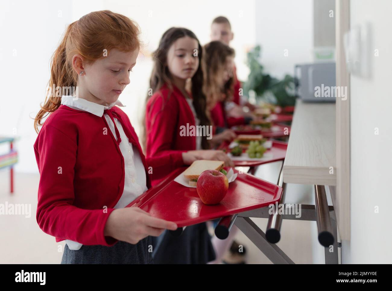 Happy schoolchildren standing in queue with trays and receiving lunch ...