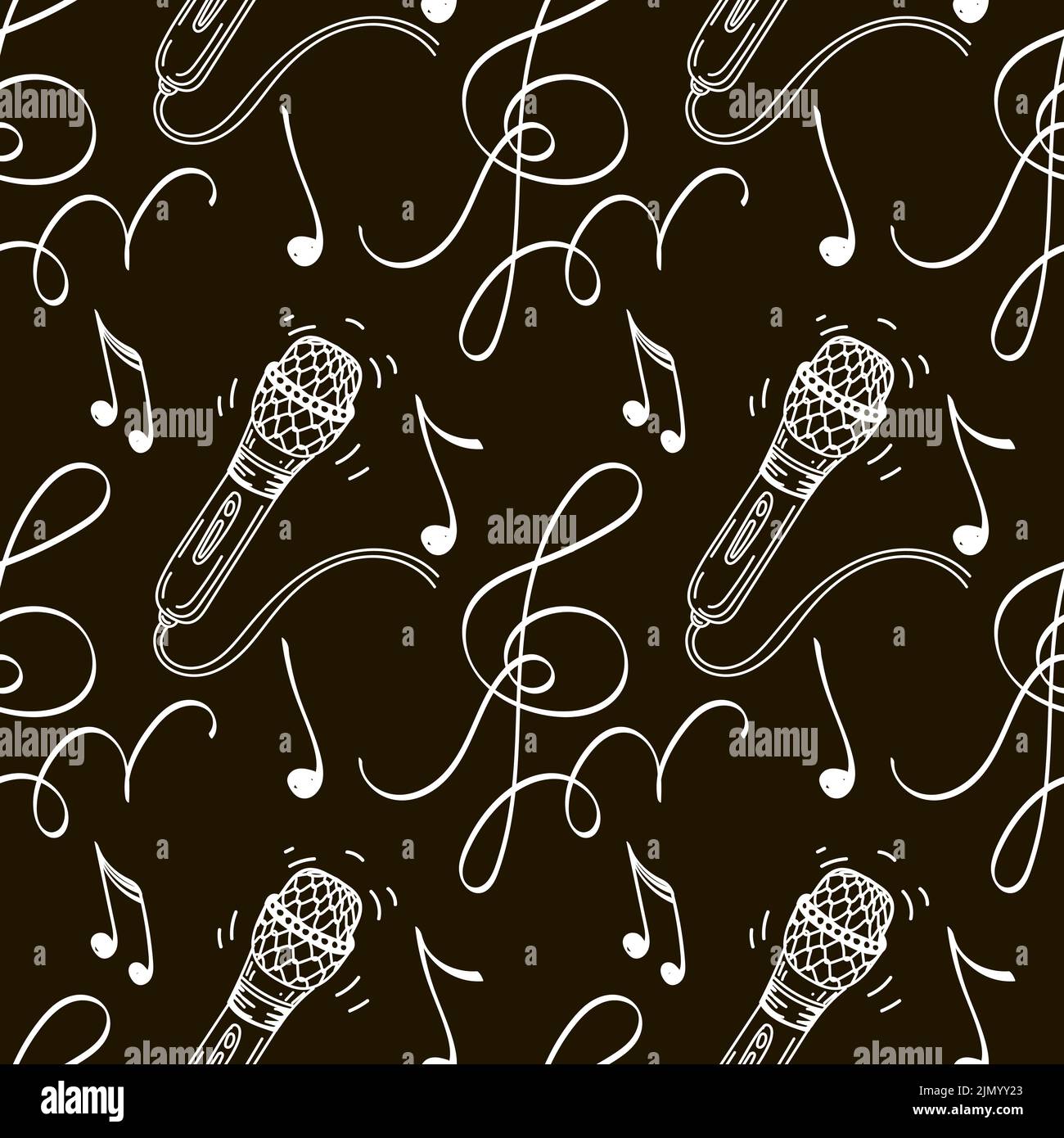 Seamless drawing of a microphone, music key, and notes. Hand-drawn ...