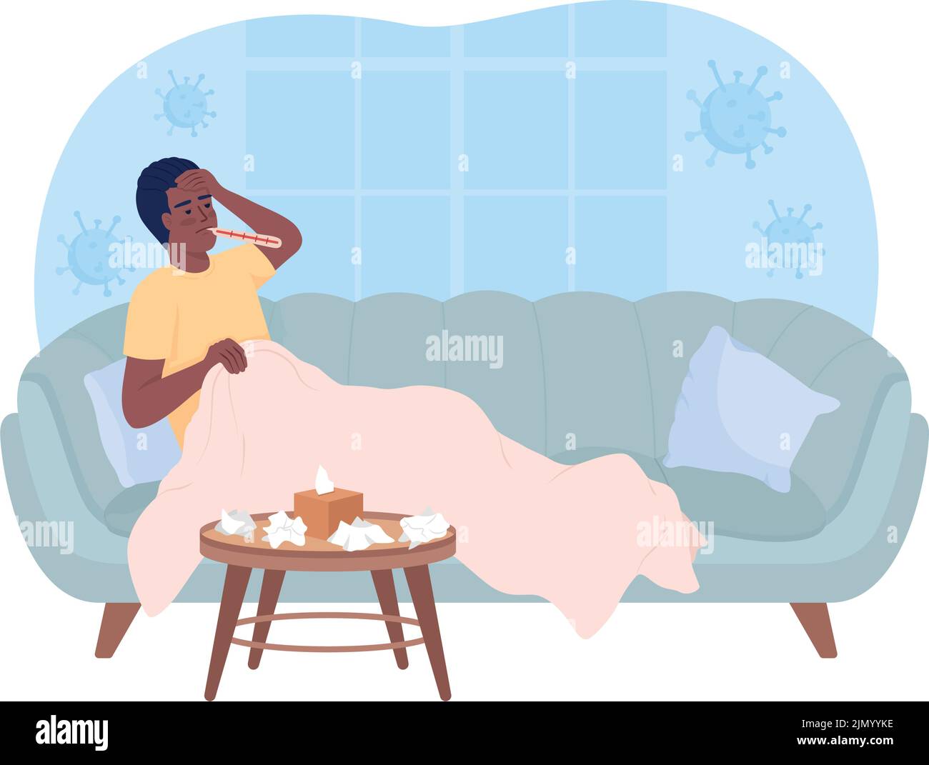Man suffering from cold at home 2D vector isolated illustration Stock ...