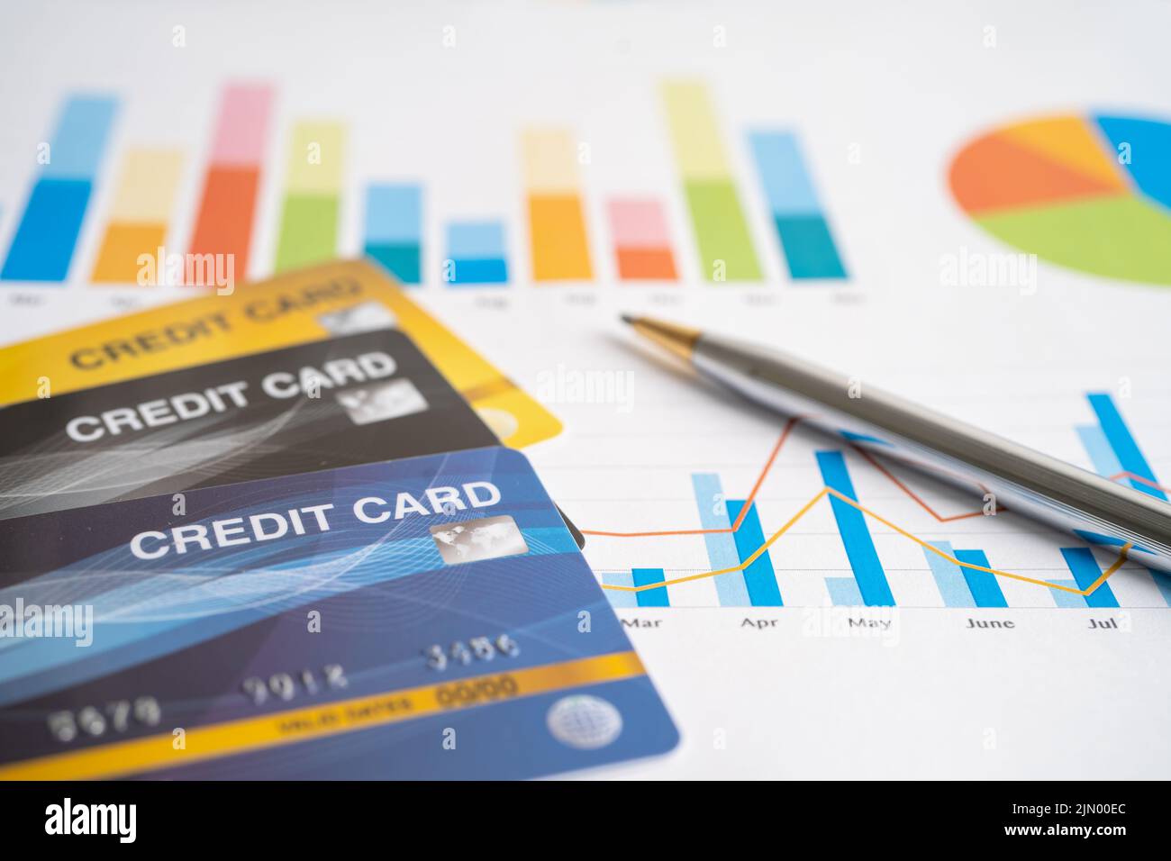 Credit card on chart and graph paper. Finance development, Banking ...