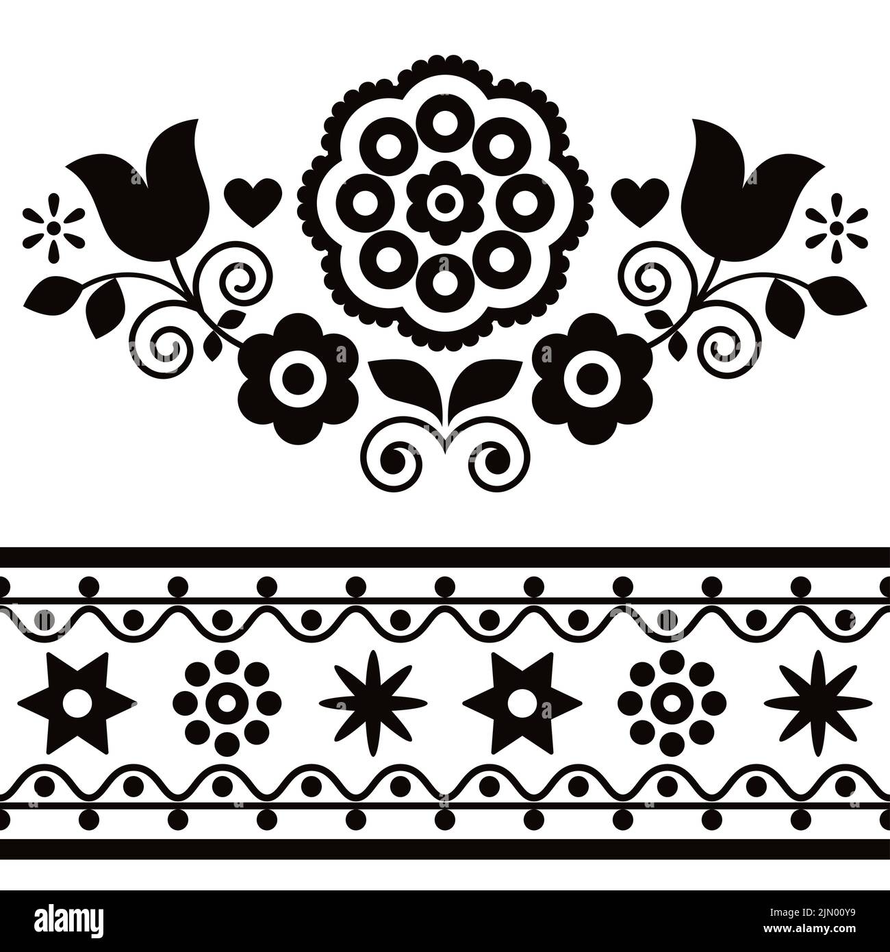 Polish folk art vector design elements black and white collection with ...