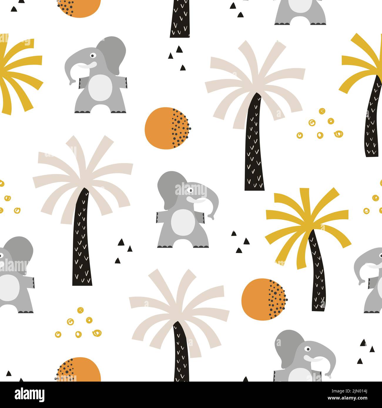 Seamless safari pattern with cute elephant and palm trees. Baby print ...
