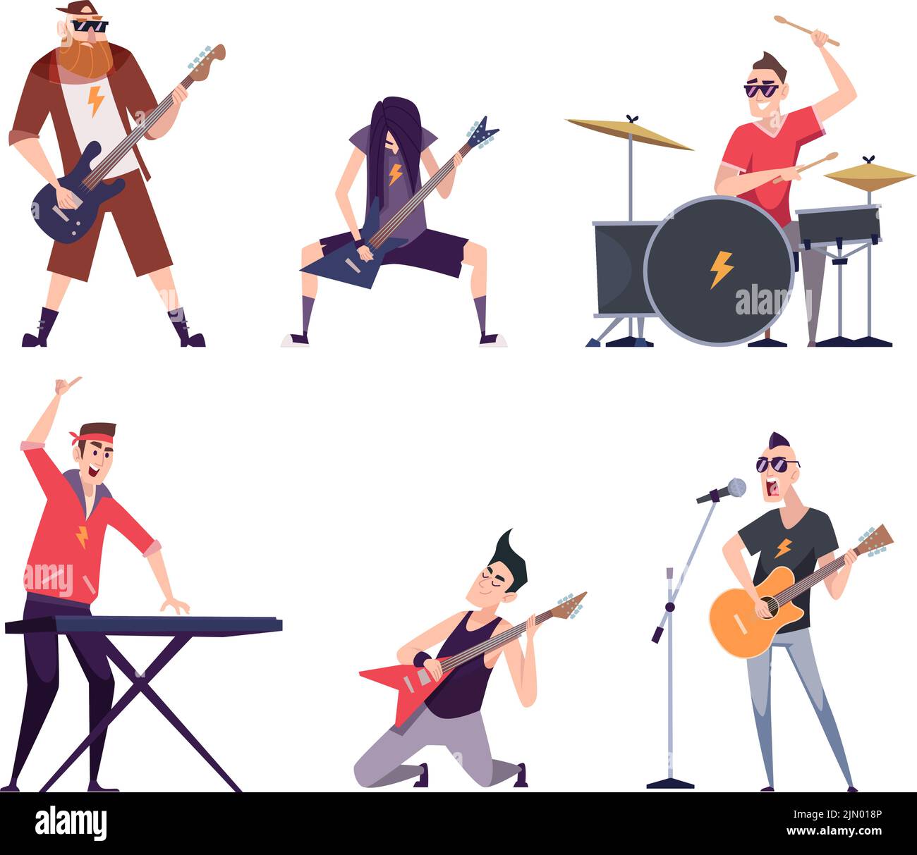 Rock band. Expressive characters musicians drummers in action poses ...