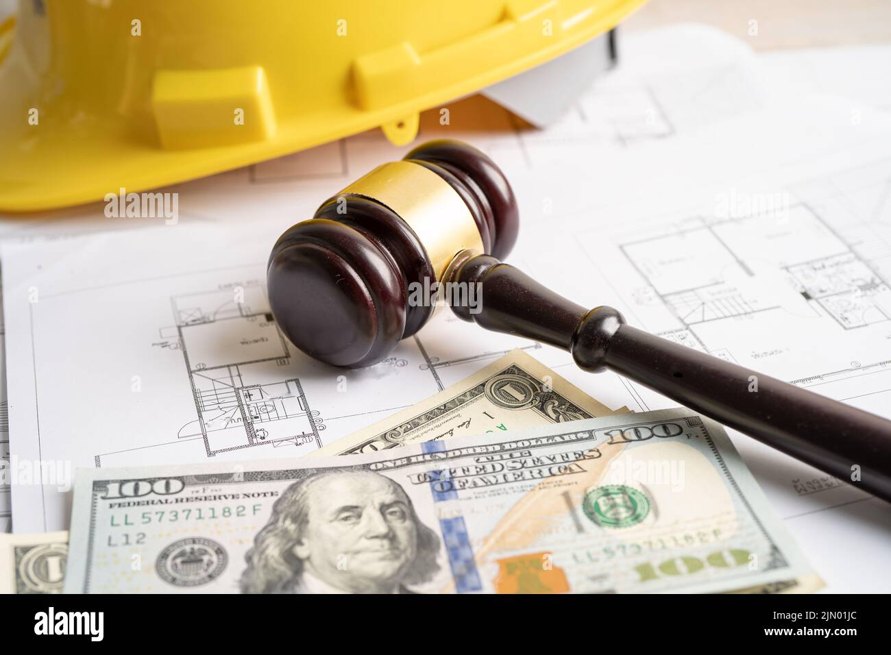 Architectural house plan project blueprint and Judge gavel hammer with ...