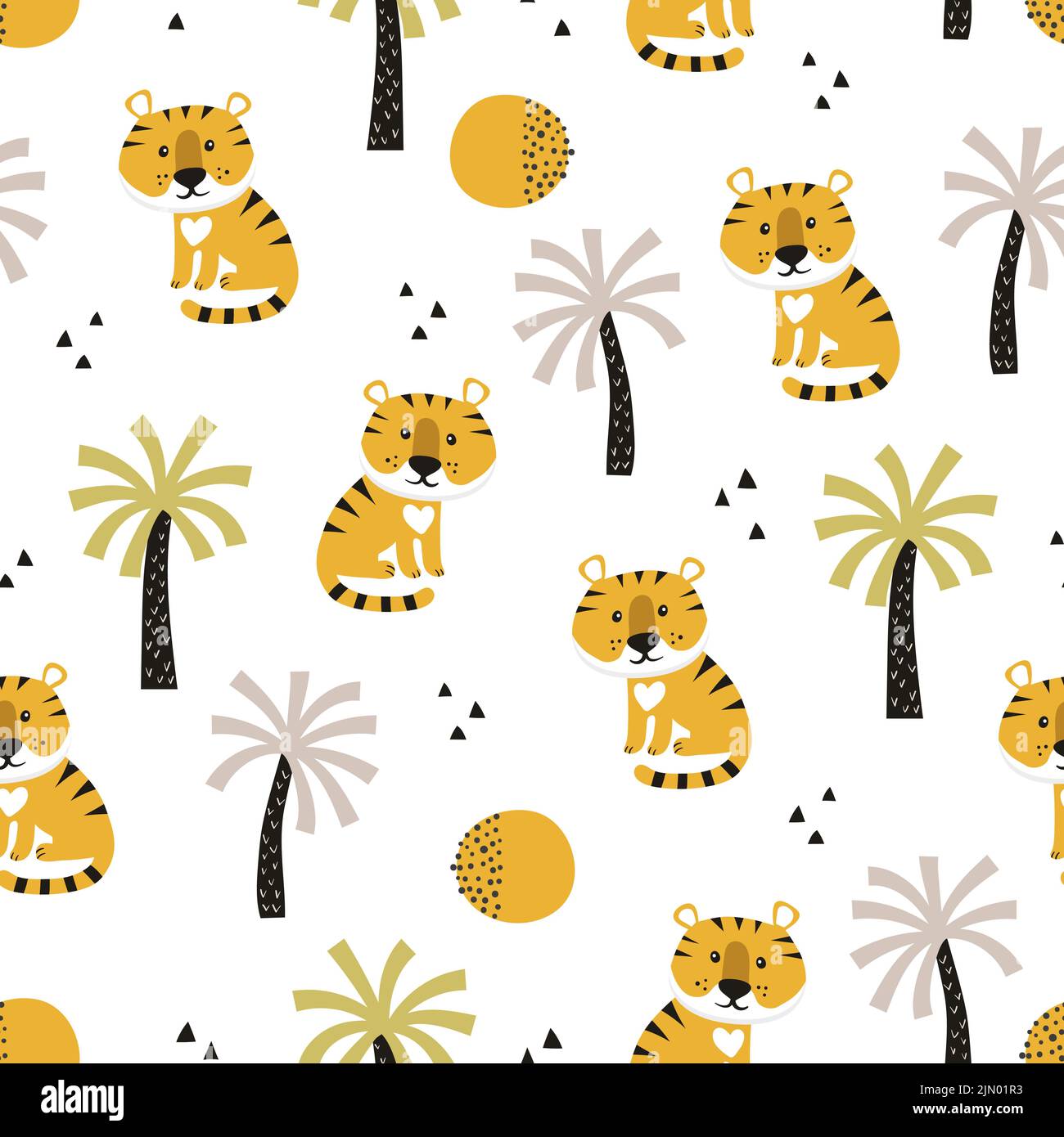 Seamless safari pattern with cartoon tiger and palm trees. Baby print ...