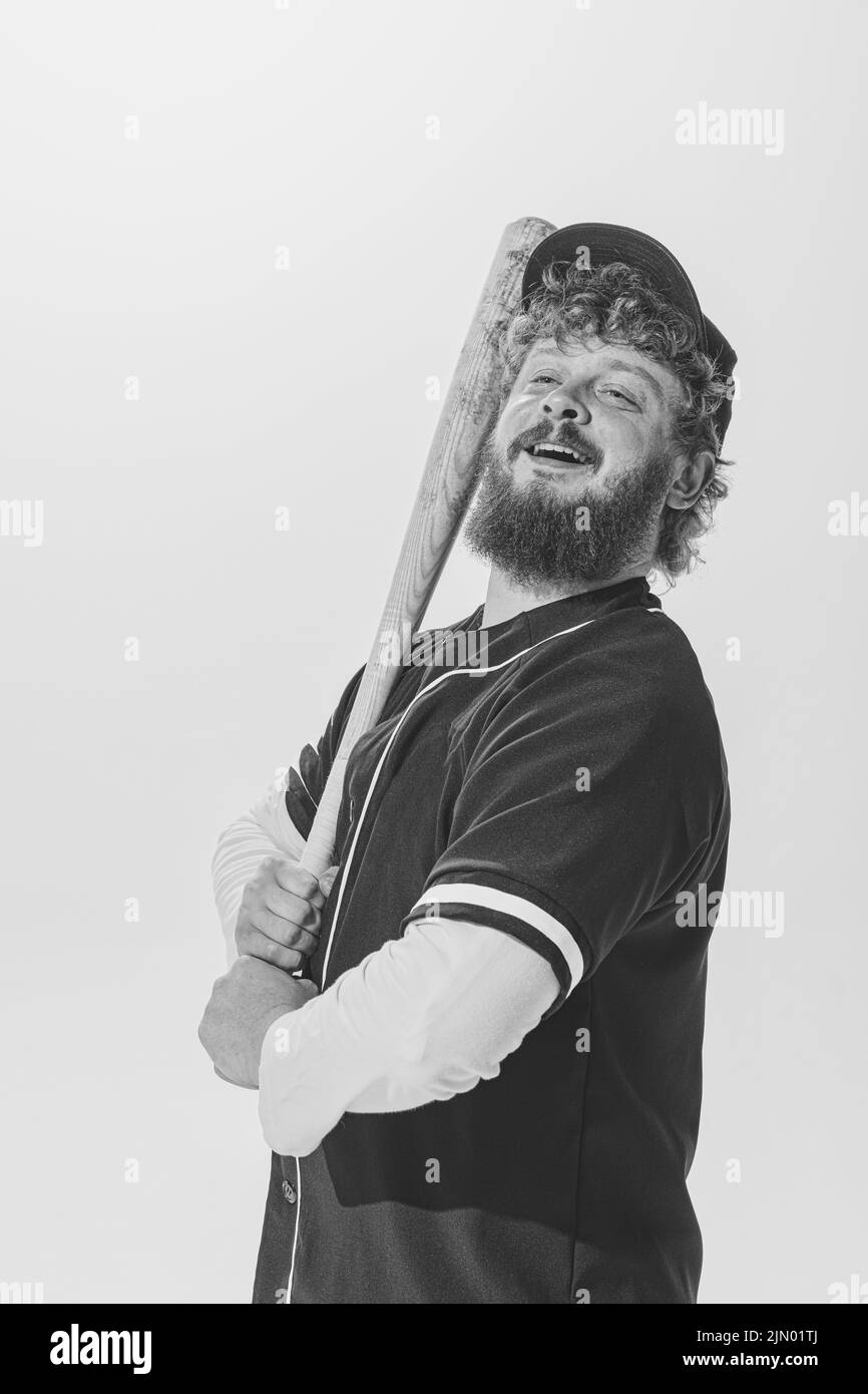 Monochrome portrait of male baseball player wearing retro sports ...