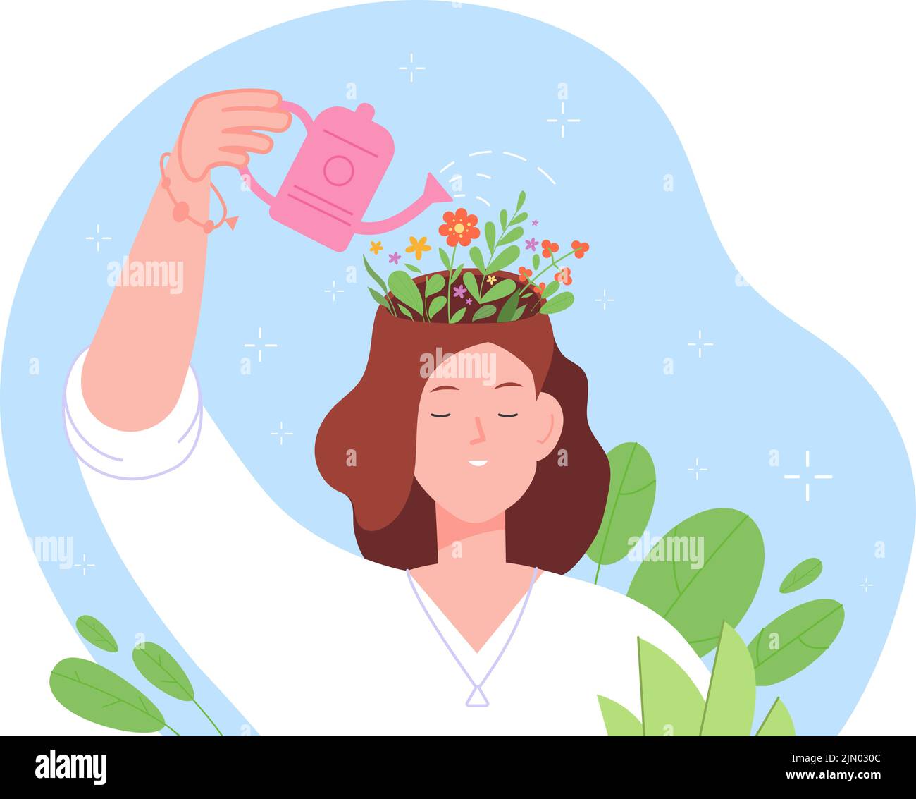 Growth positive think. Optimistic thinking, confident woman pouring ...