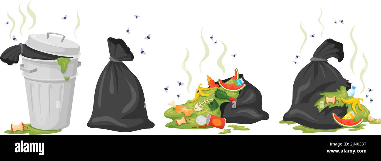 City trash bag. Rotting garbage in waste bag or street dustbins, full ...