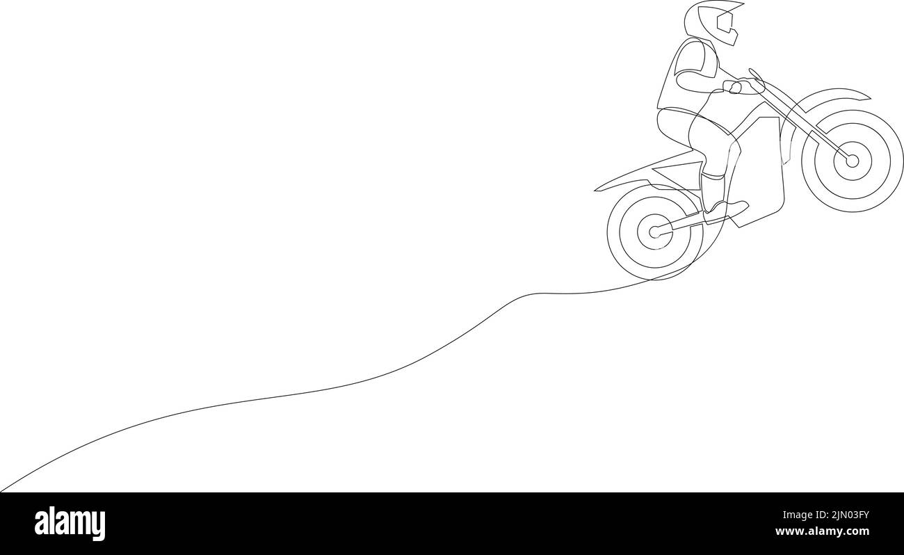 One continuous line drawing of young motocross rider climb mound of ...