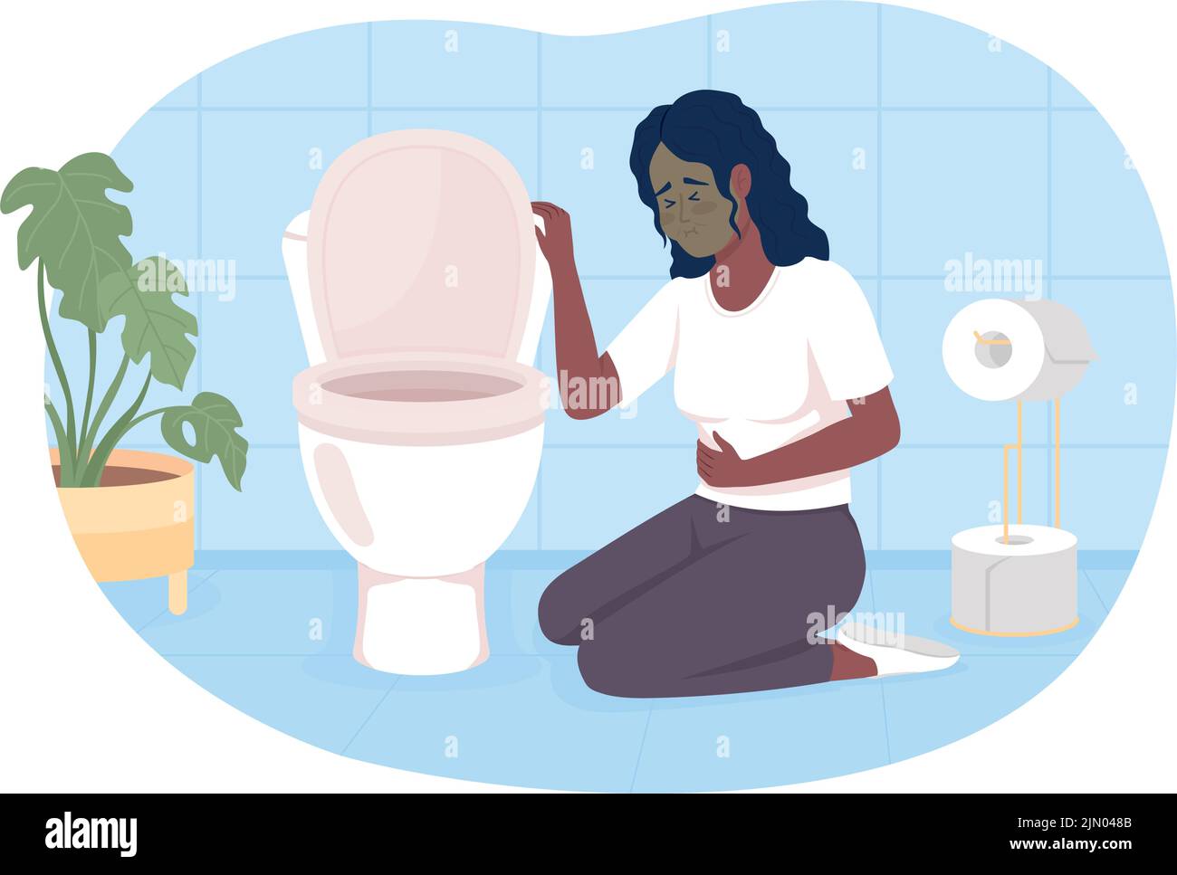 Woman suffering from nausea in bathroom 2D vector isolated illustration ...