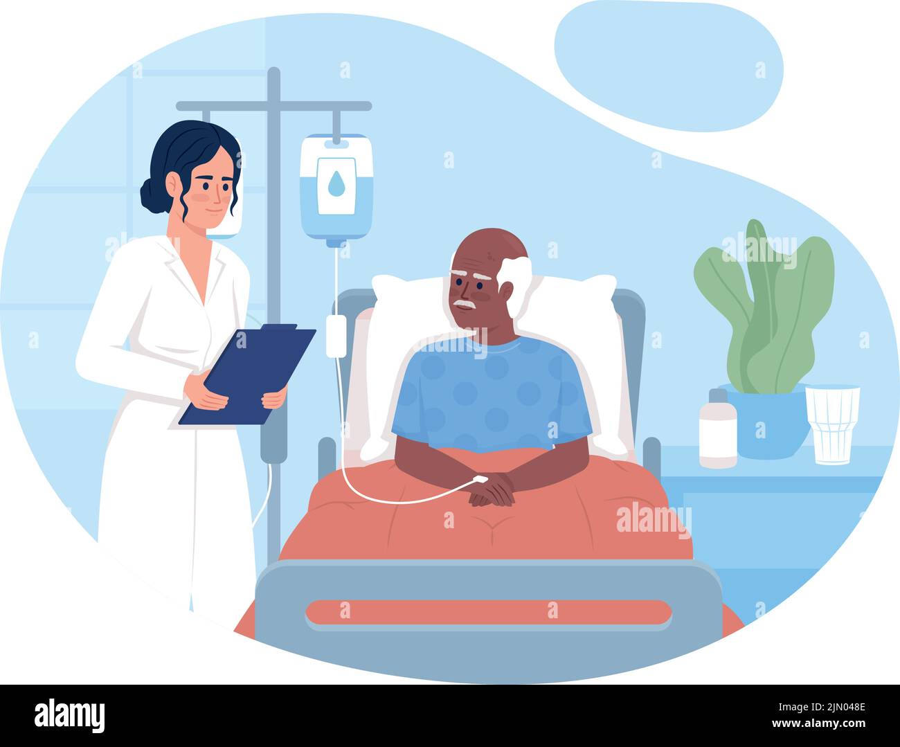 Doctor visiting senior patient in ward 2D vector isolated illustration ...