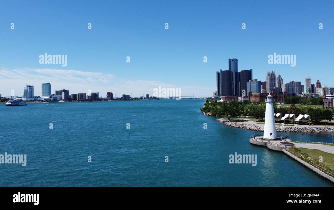 A bird's eye view of the Milliken State Park Lighthouse in Detroit ...
