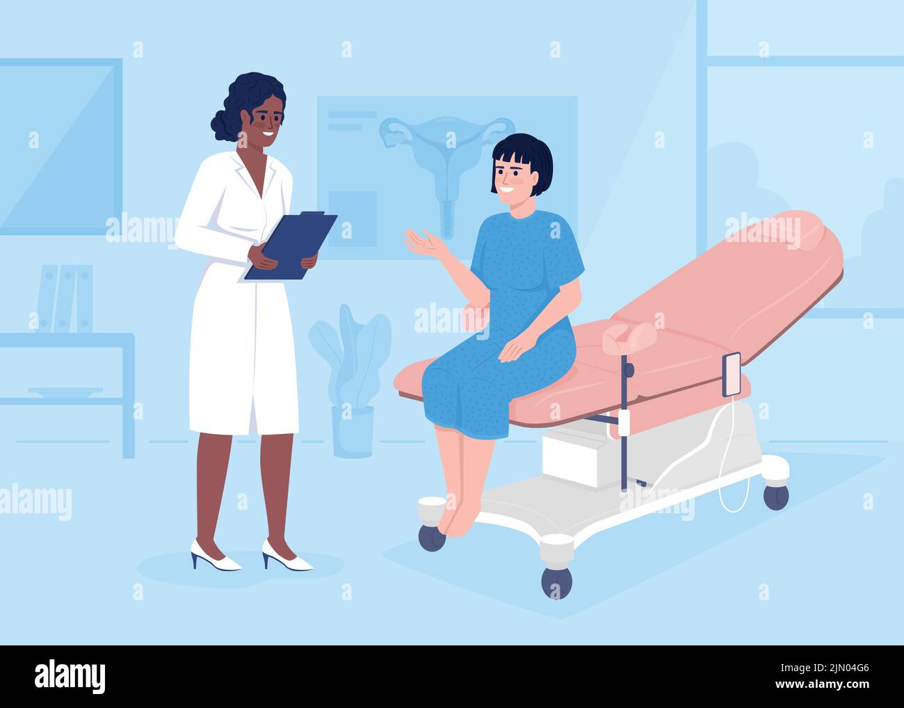 Gynecologist and patient at appointment flat color vector illustration ...