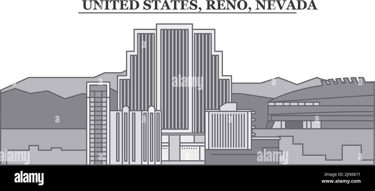 United States, Reno city skyline isolated vector illustration, icons ...