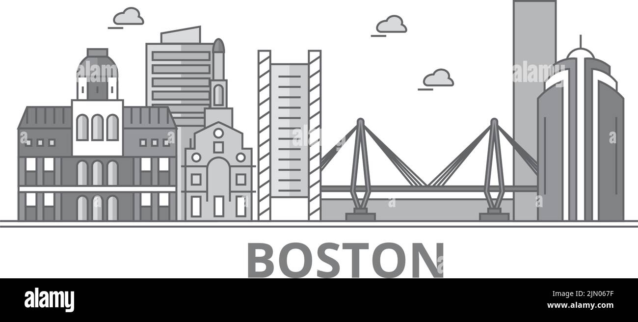 United States, Boston city skyline isolated vector illustration, icons ...