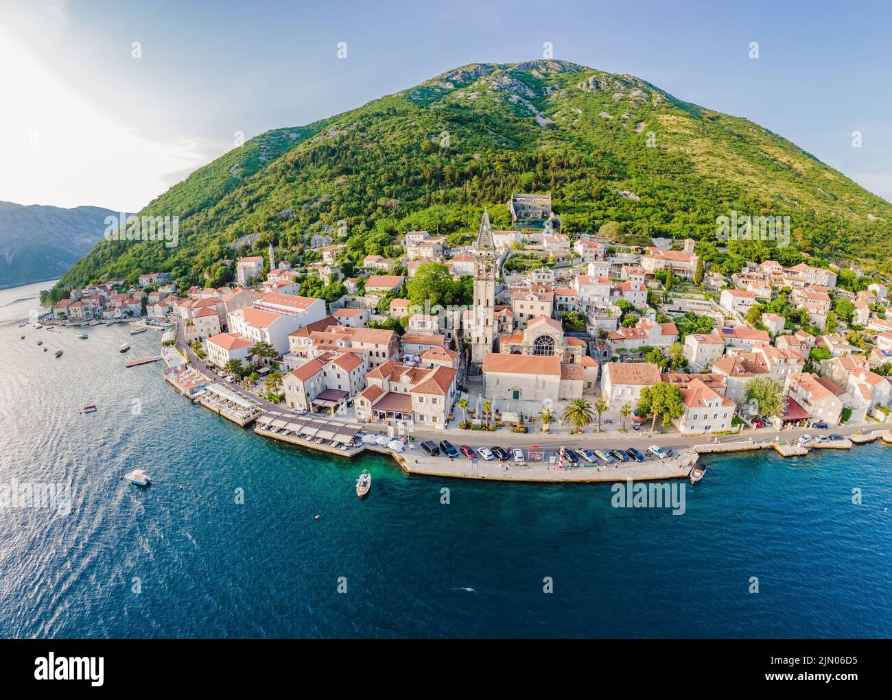 Scenic panorama view of the historic town of Perast at famous Bay of ...