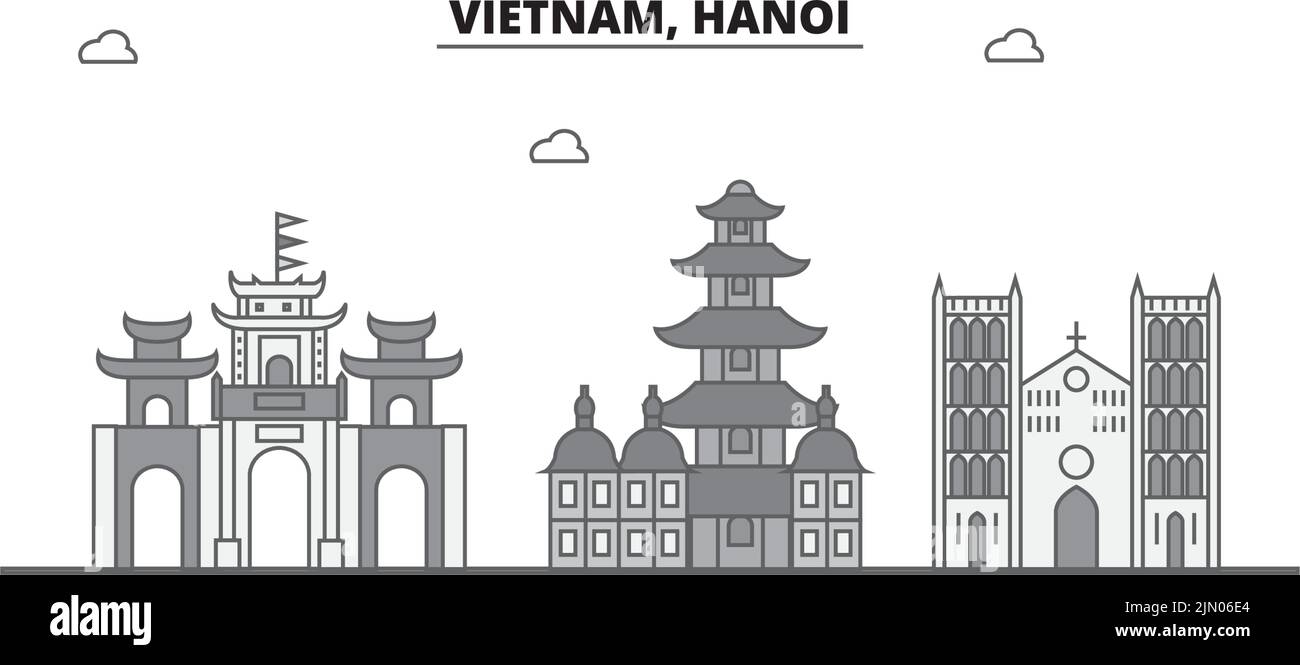 Vietnam, Hanoi city skyline isolated vector illustration, icons Stock ...