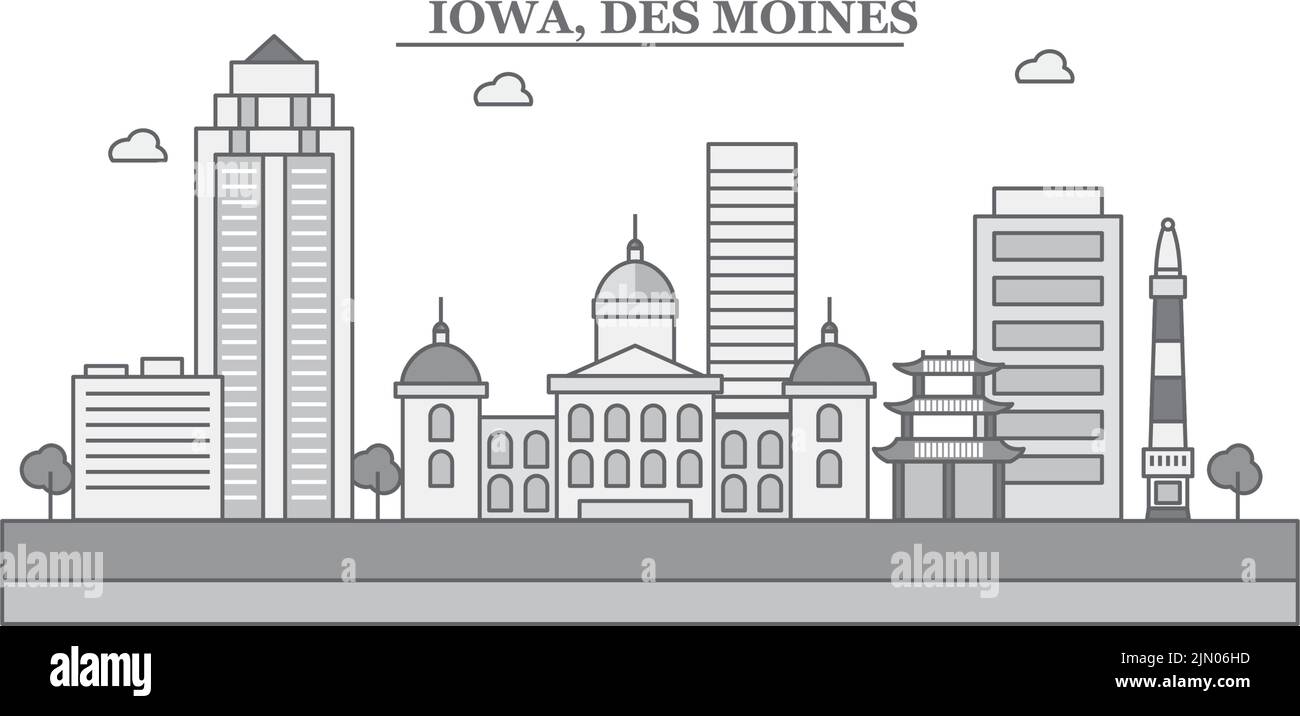 United States, Des Moines city skyline isolated vector illustration ...