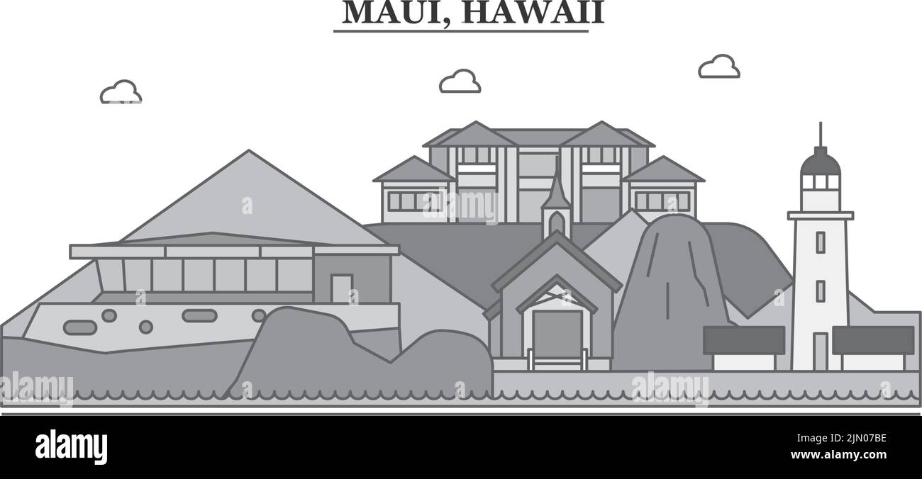 United States, Maui city skyline isolated vector illustration, icons ...
