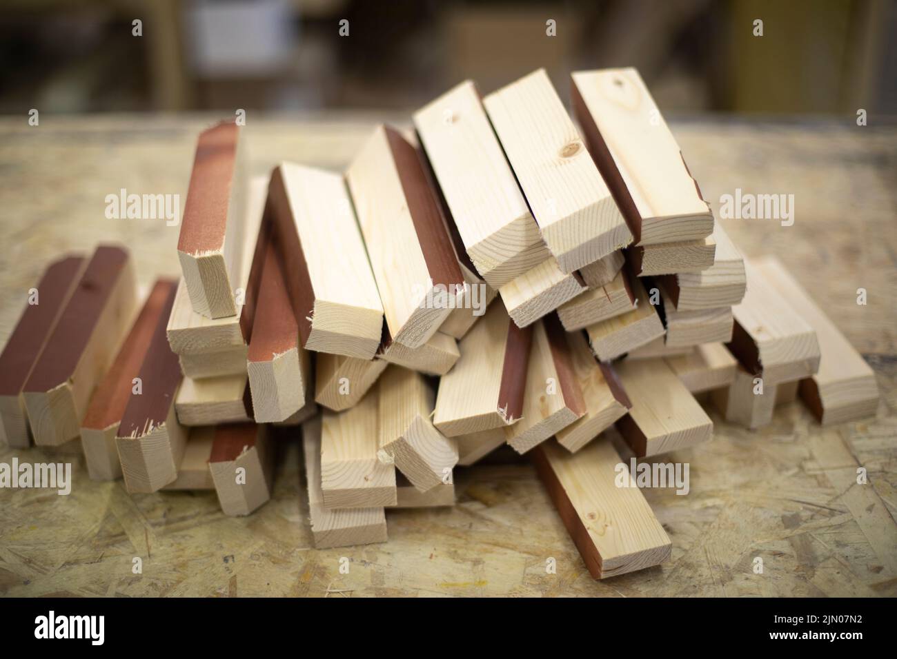 Blanks made of wood. Board in workshop. Details of furniture production ...