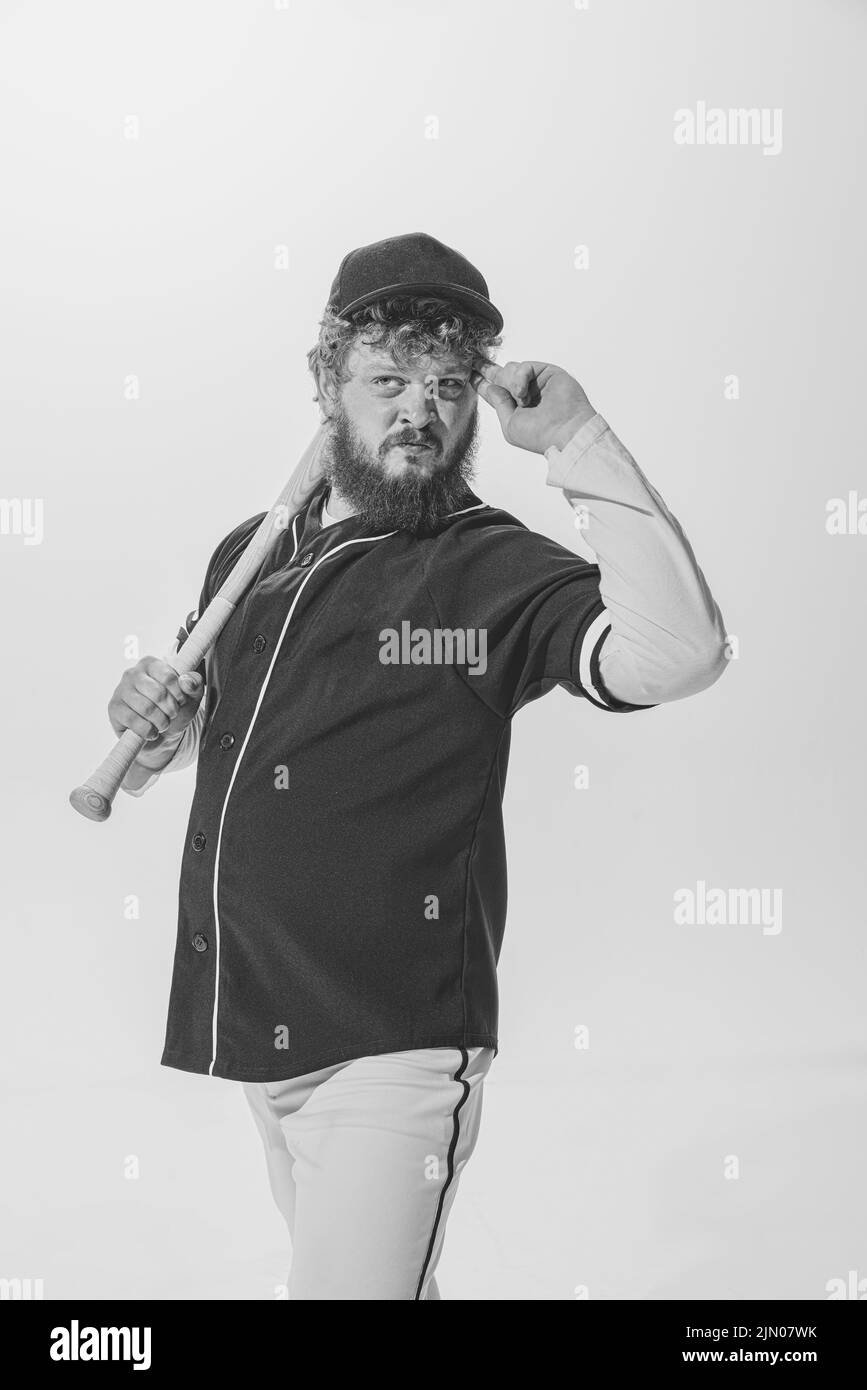 Monochrome portrait of male baseball player wearing retro sports ...