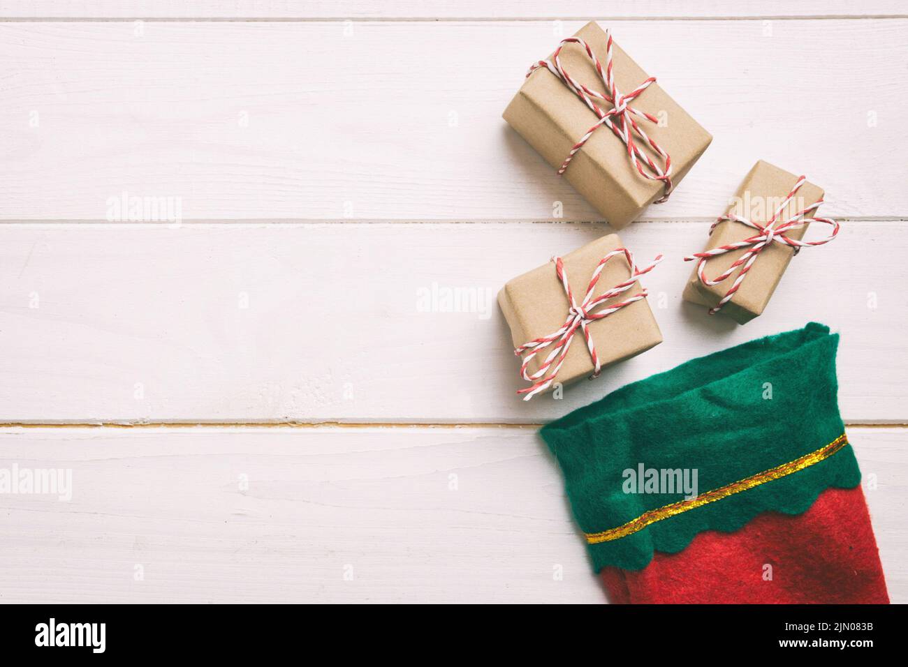 santa red sock top view on the color background with empty space ...