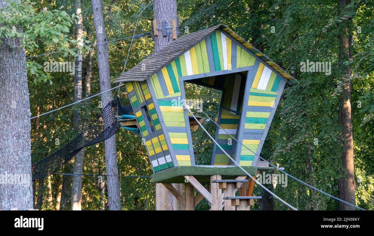 Rope adventure park in the summer forest. Abstract concept Overcoming ...