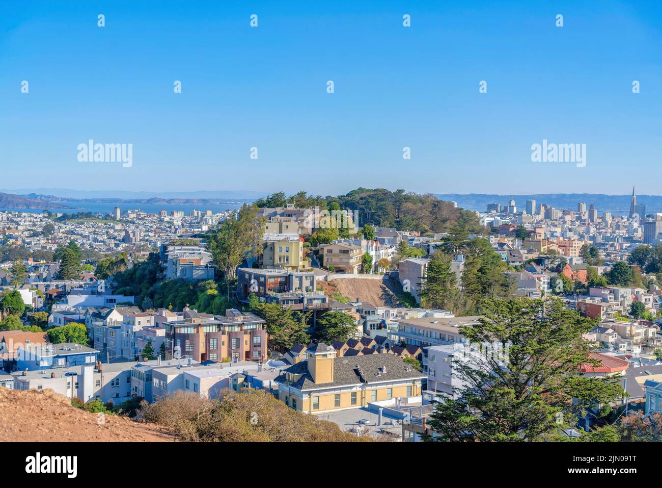 View of a hillside residences from a mountain near the downtown San ...