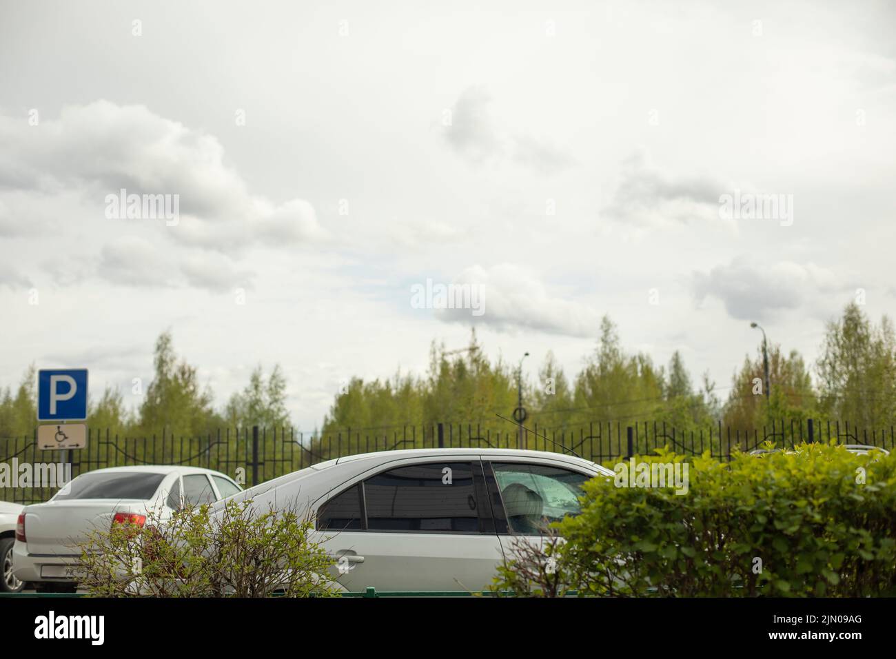 Car is parked in summer. Transport is parking lot in park. Details of ...